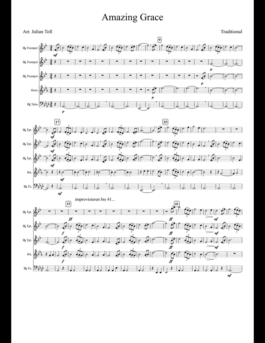 Amazing Grace sheet music for Trumpet, French Horn, Tuba download free ...