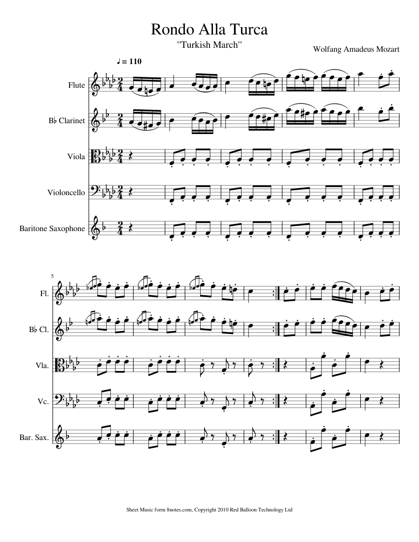 Rondo Alla Turca (Turkish March) sheet music for Flute, Clarinet, Viola ...
