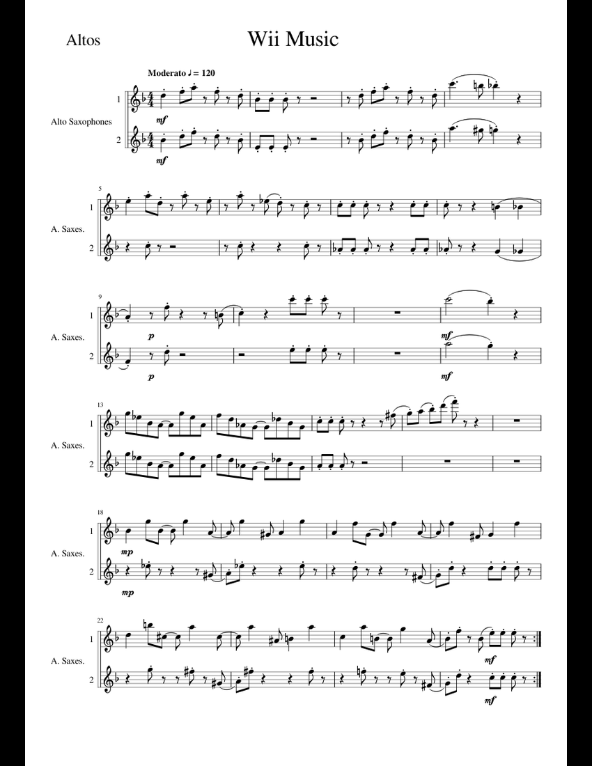 Mii Channel Theme altos sheet music for Alto Saxophone download free in ...