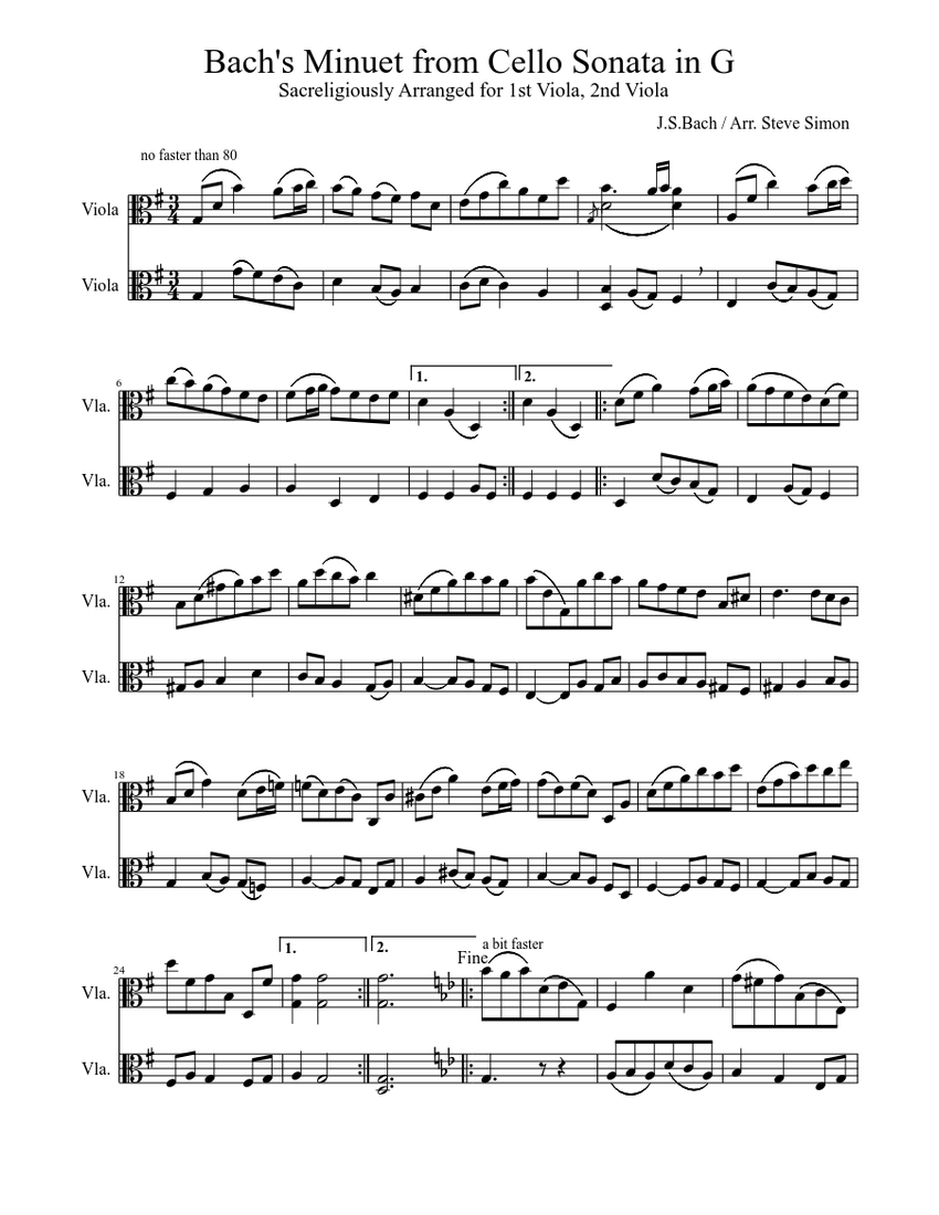 Bach_Minuet_Arrangement_Viola_Viola Sheet music for Viola (String Duet ...
