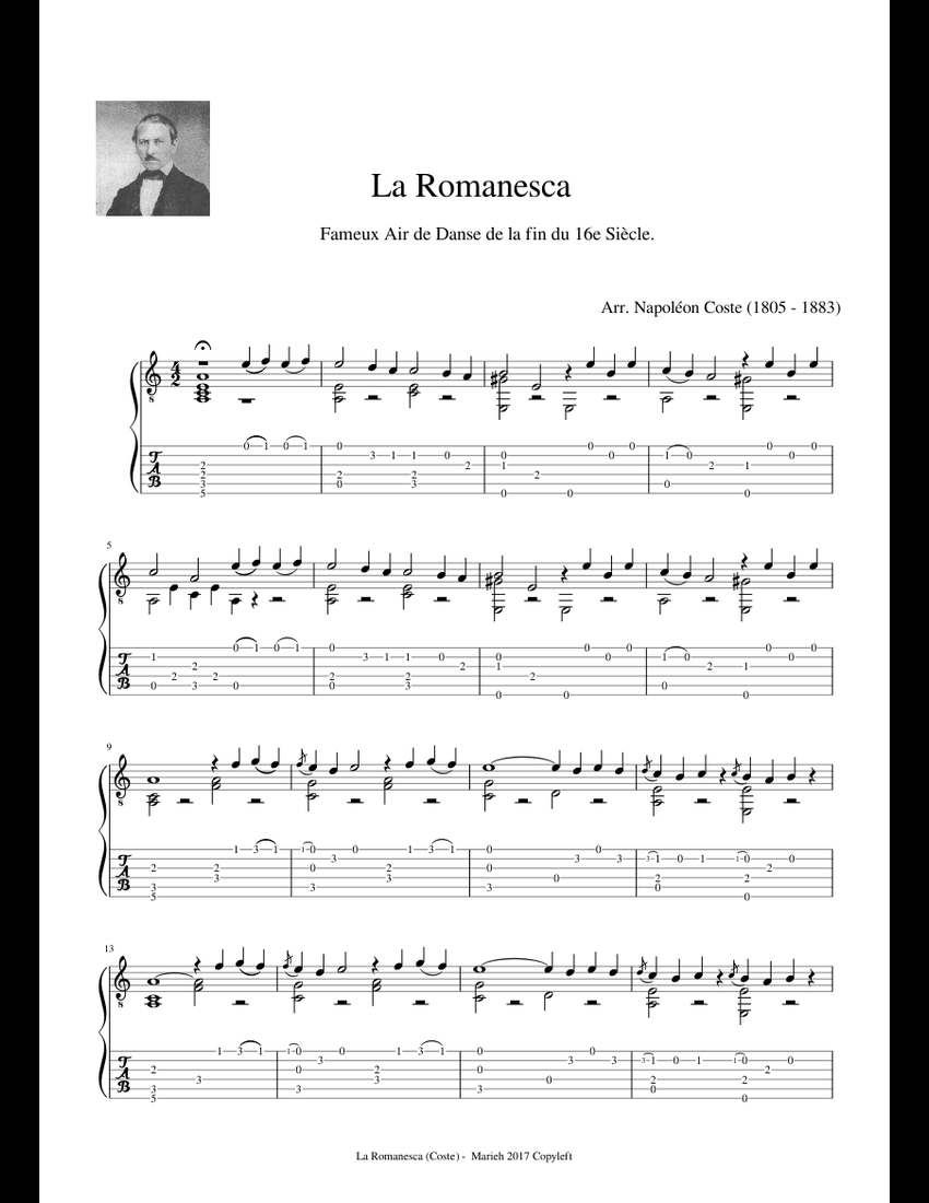 La Romanesca - Napoléon Coste (1805 - 1883) - Tablature sheet music for ...