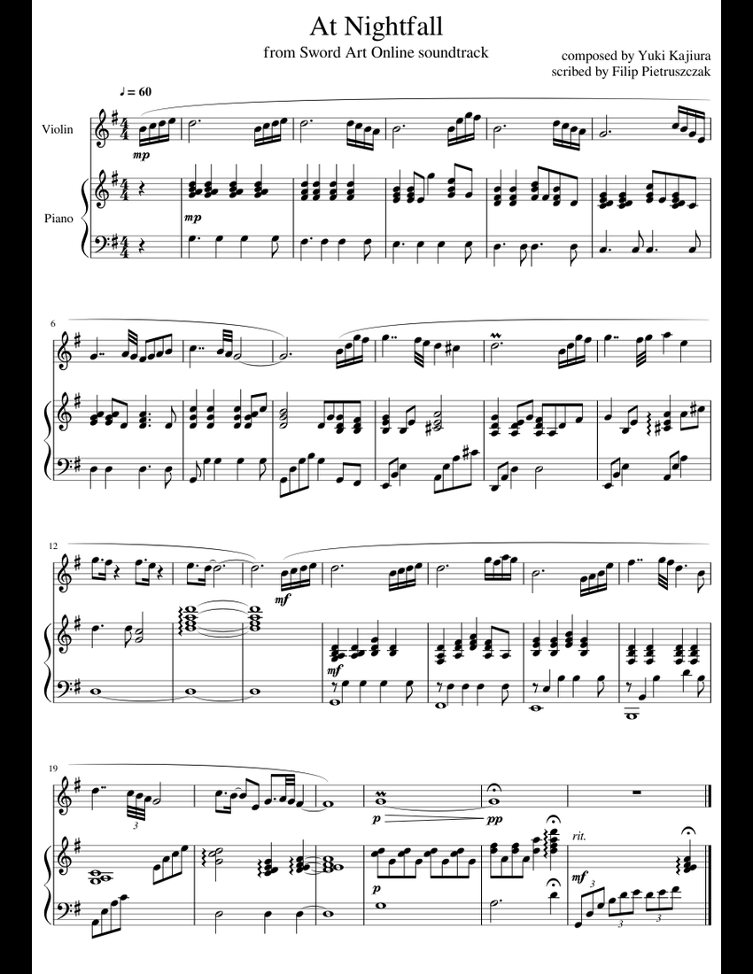 At Nightfall - Yuki Kajiura sheet music for Violin, Piano download free ...