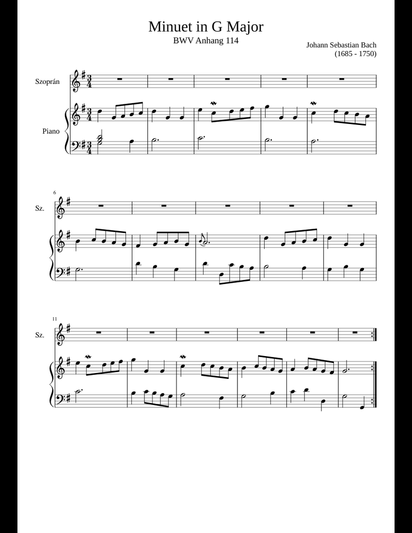 Minuet in G Major sheet music for Piano, Voice download free in PDF or MIDI