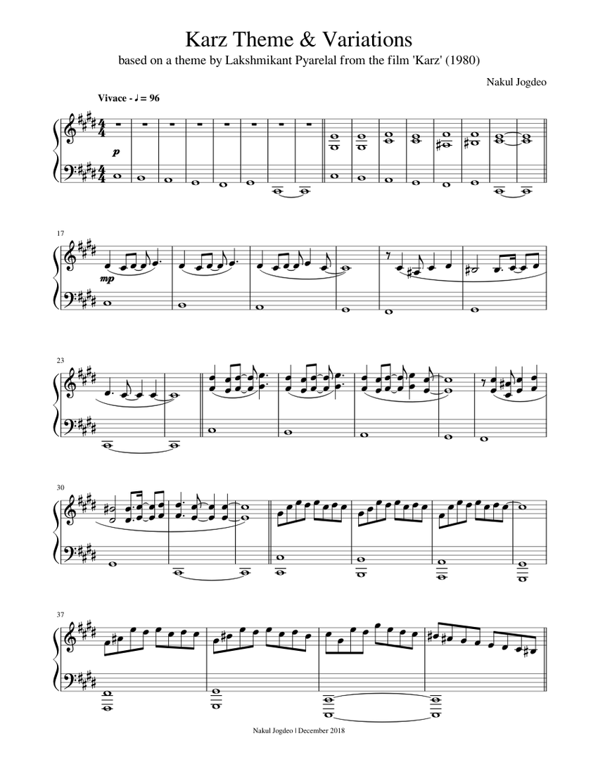 Karz Theme & Variations Sheet music for Piano | Download free in PDF or ...