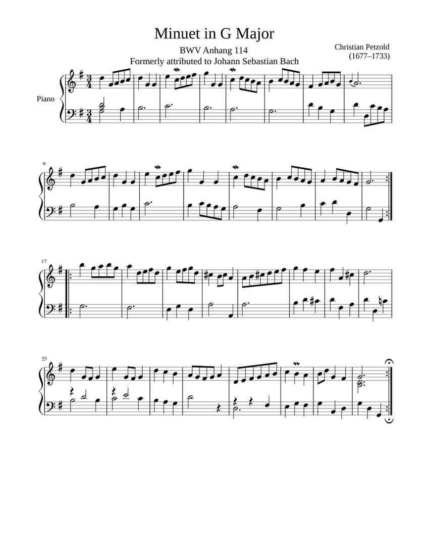 Minuet in G Major, Bach sheet music download free in PDF or MIDI