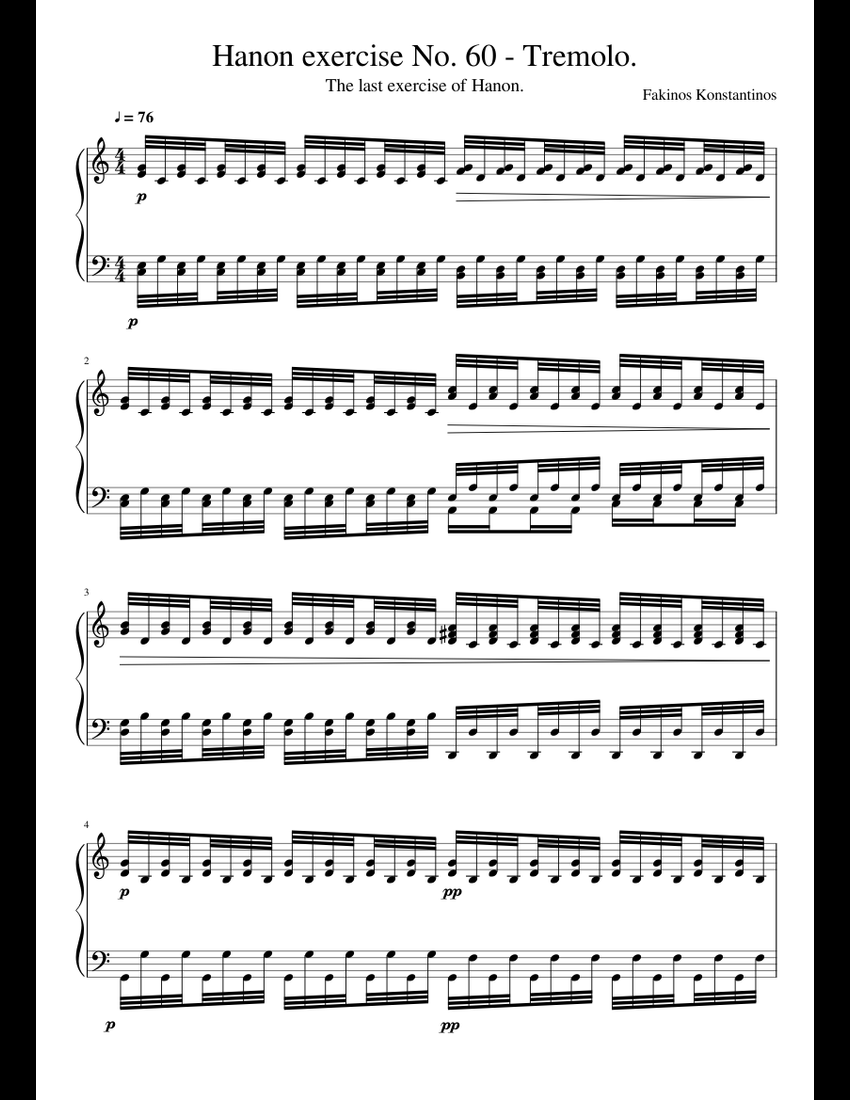 Hanon exercise No 60 - Tremolo sheet music for Piano download free in PDF or MIDI