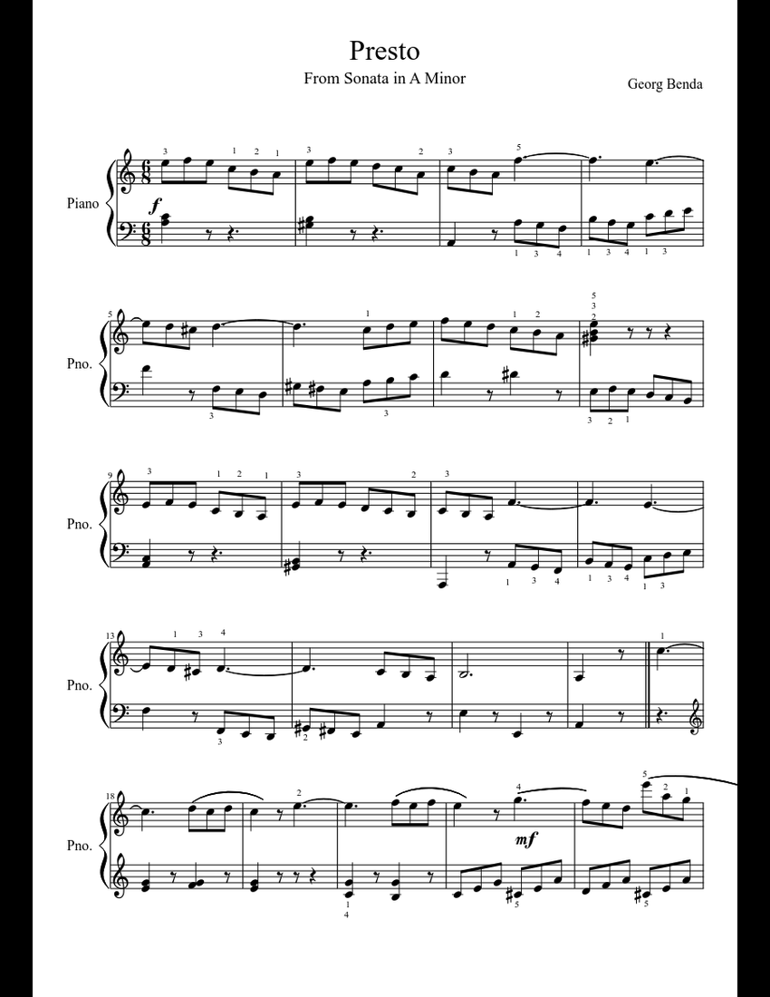 Presto (From Sonata in A Minor) by Georg Benda sheet music download ...
