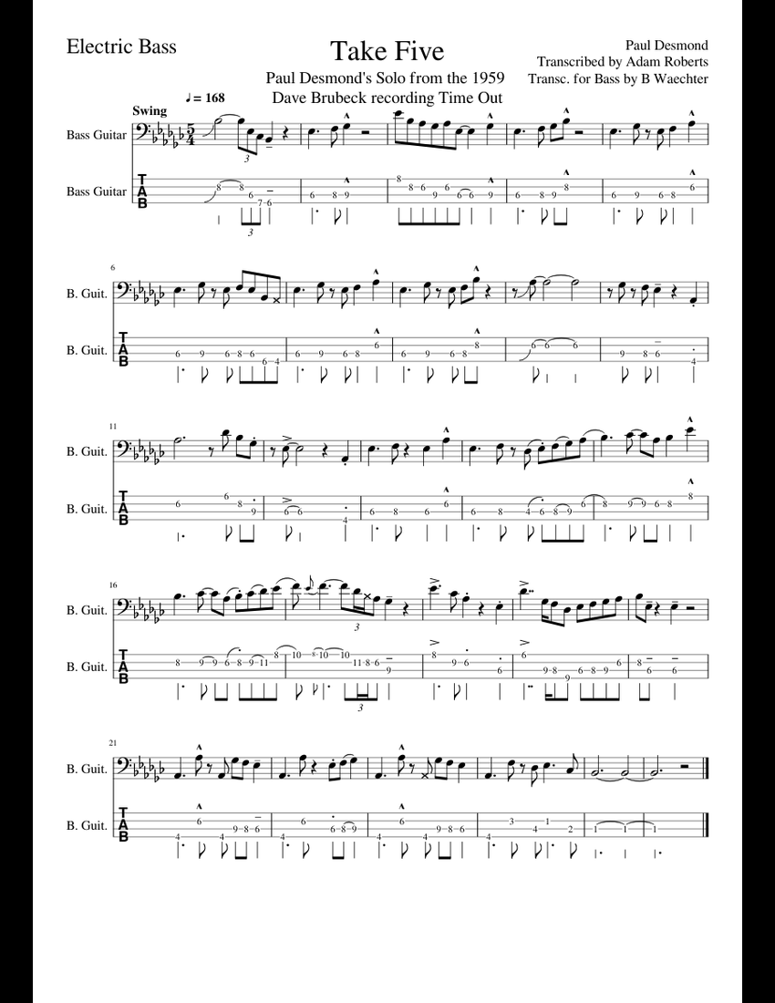 Take Five sheet music for Bass download free in PDF or MIDI