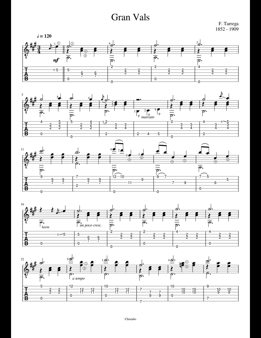 Gran Vals - F. Tarrega sheet music for Guitar download free in PDF or MIDI