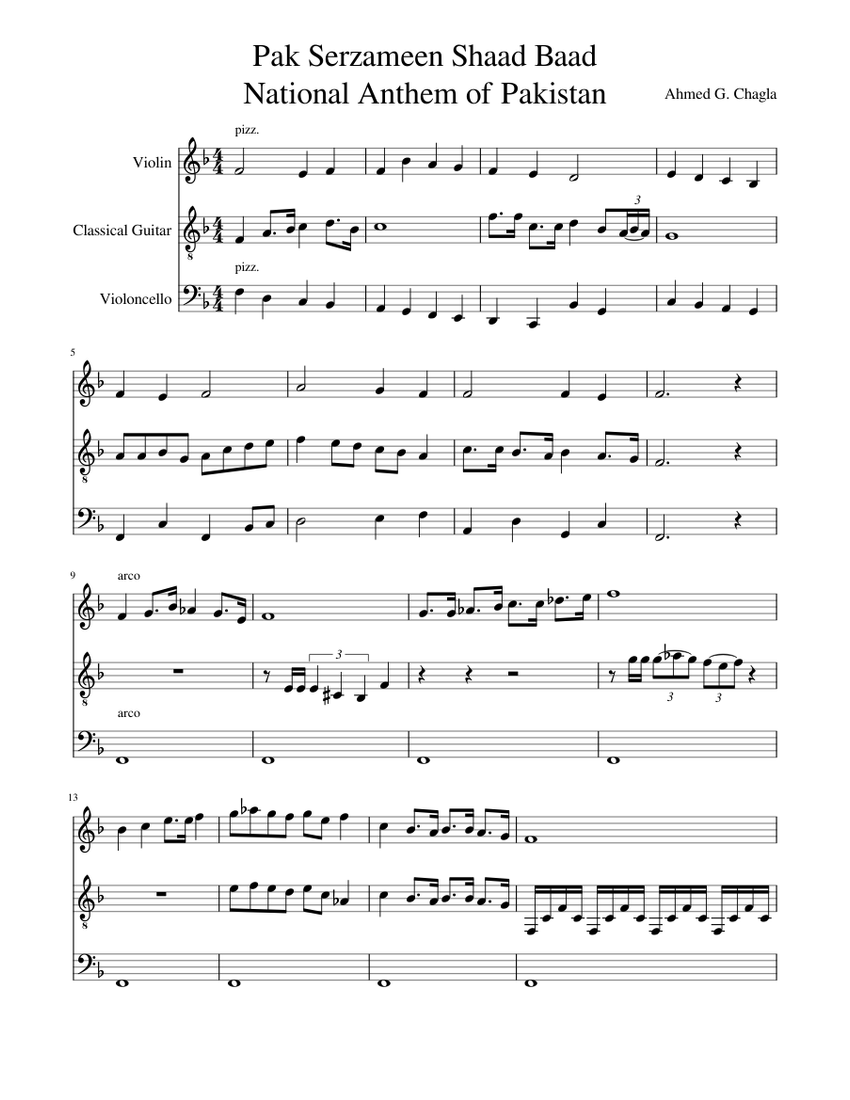 National Anthem of Pakistan Sheet music for Violin, Cello, Guitar ...
