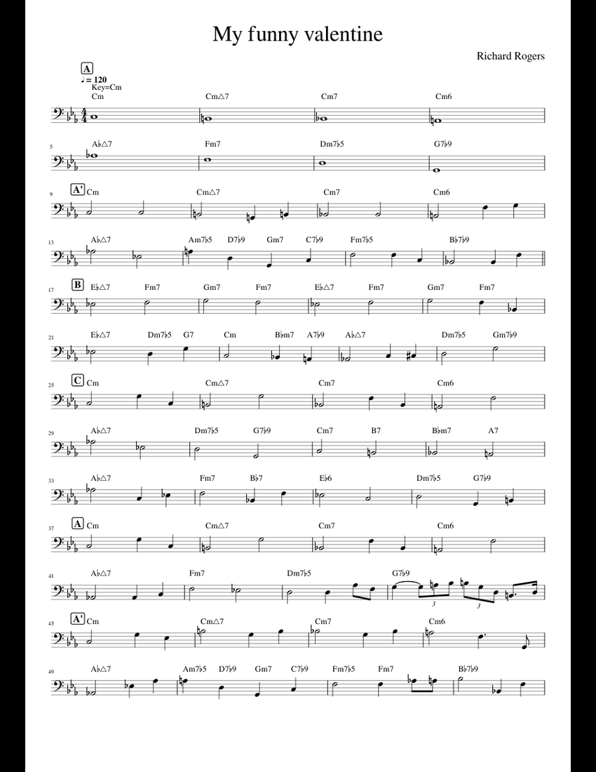 ★My funny valentine【Bass】 sheet music for Piano download free in PDF or ...