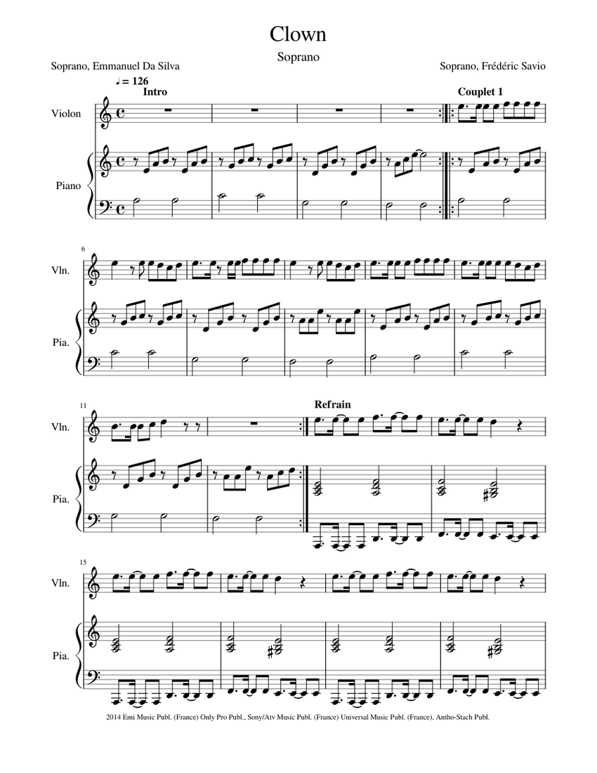 Clown - Soprano (complète) Sheet music for Violin, Piano | Download ...