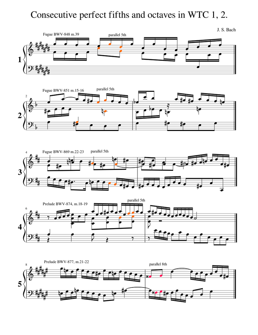 Consecutive perfect fifths and octaves in WTC 1, 2. Sheet music for ...