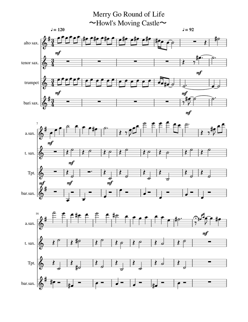 Merry Go Round of Life 〜Howl's Moving Castle〜 Sheet music for Alto Saxophone, Tenor Saxophone ...