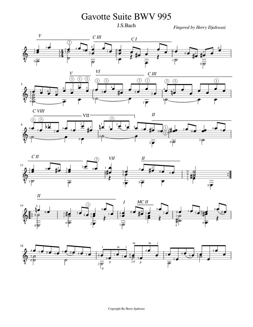 J.S.Bach Gavotte Suite BWV 995 Sheet music for Guitar (Solo ...