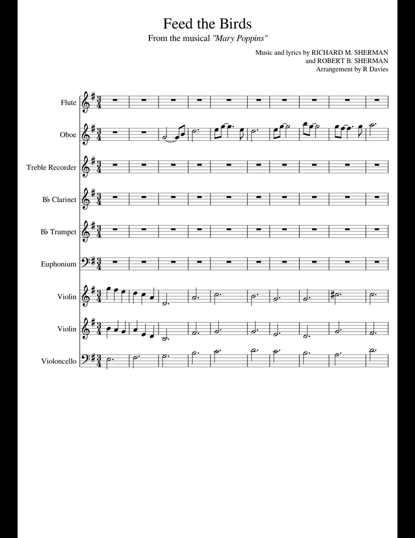 Feed the birds sheet music for Flute, Clarinet, Violin, Oboe download ...