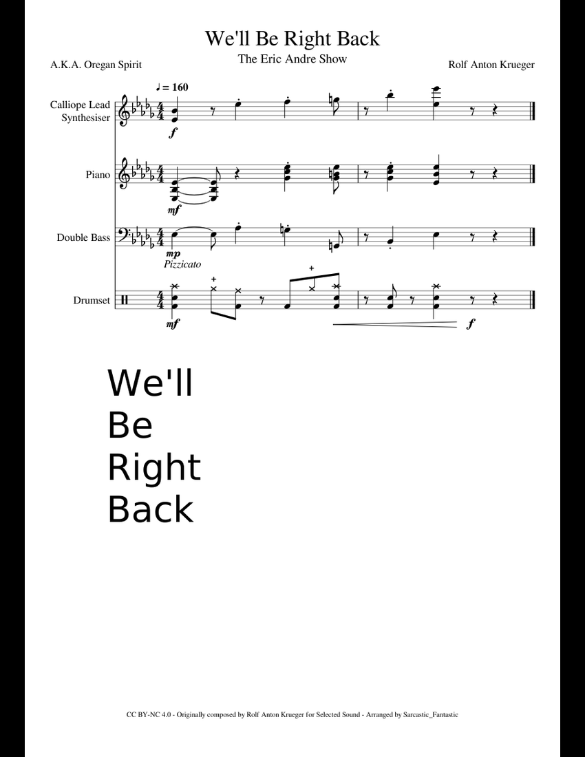 We'll Be Right Back sheet music for Piano, Synthesizer, Bass ...