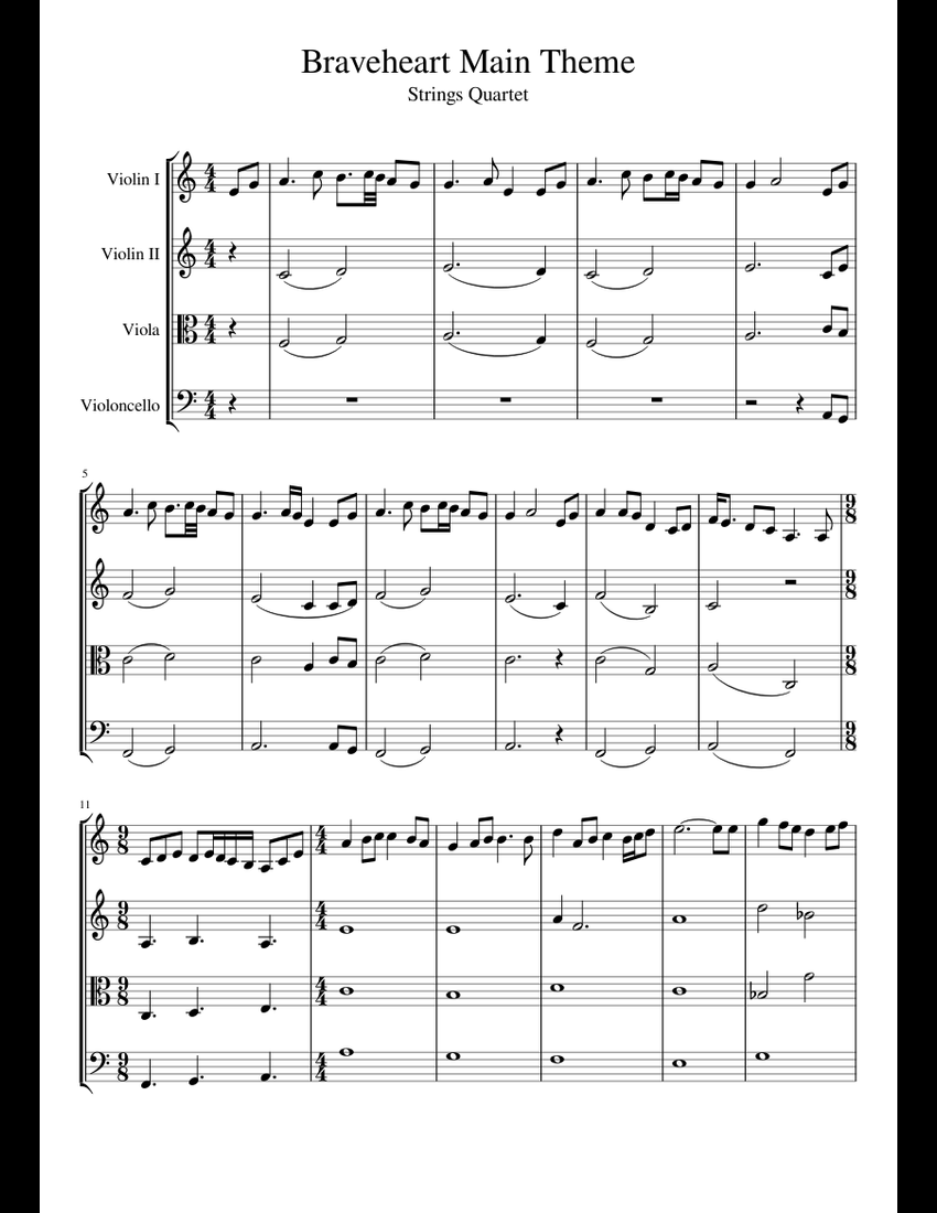 Braveheart Soundtrack Strings Quartet sheet music for Violin, Viola ...