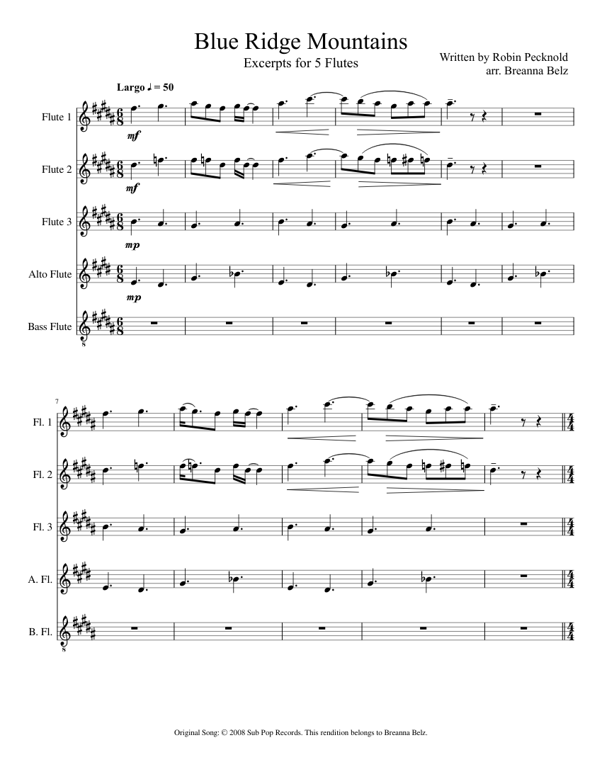 Blue Ridge Mountains (Fleet Foxes) Sheet music for Flute | Download ...