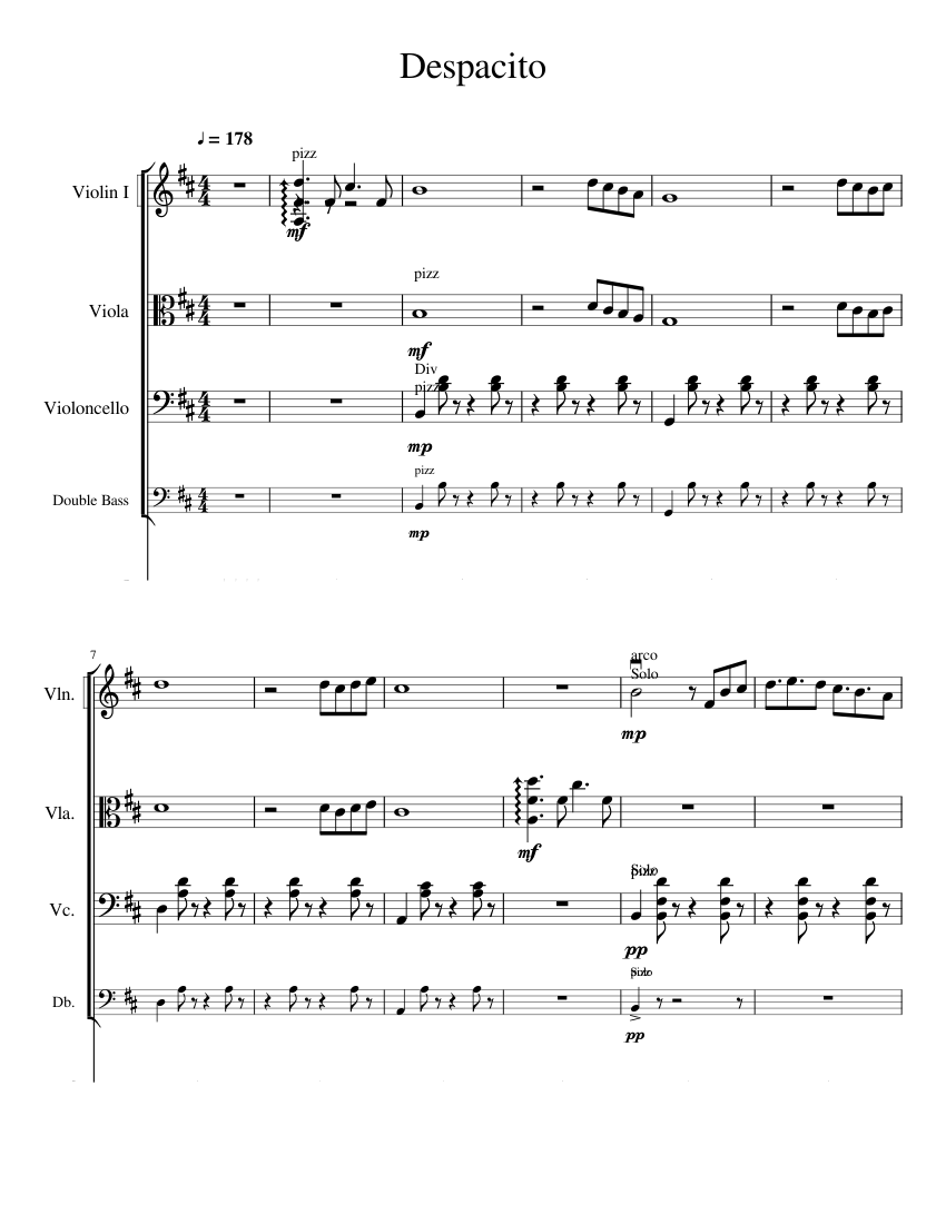Despacito Extended sheet music for Violin, Viola, Cello, Contrabass ...