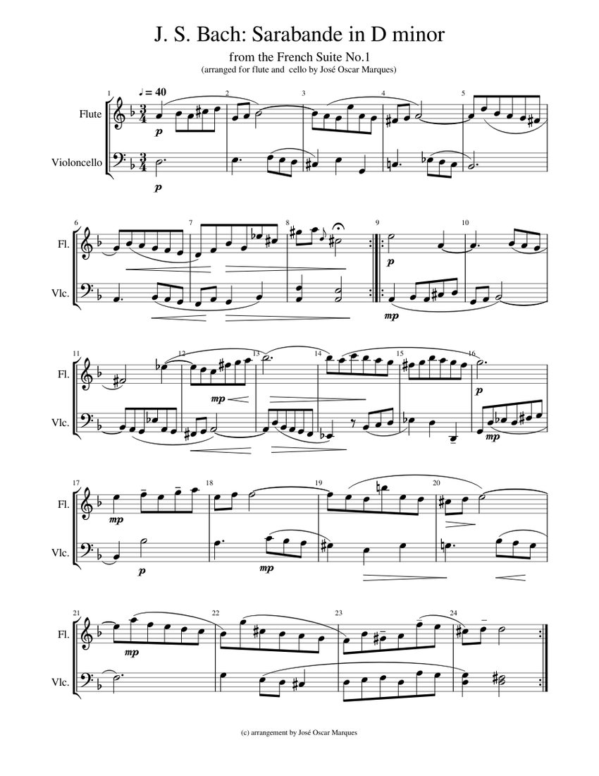 J. S. Bach: Sarabande in D minor for flute and cello Sheet music for ...
