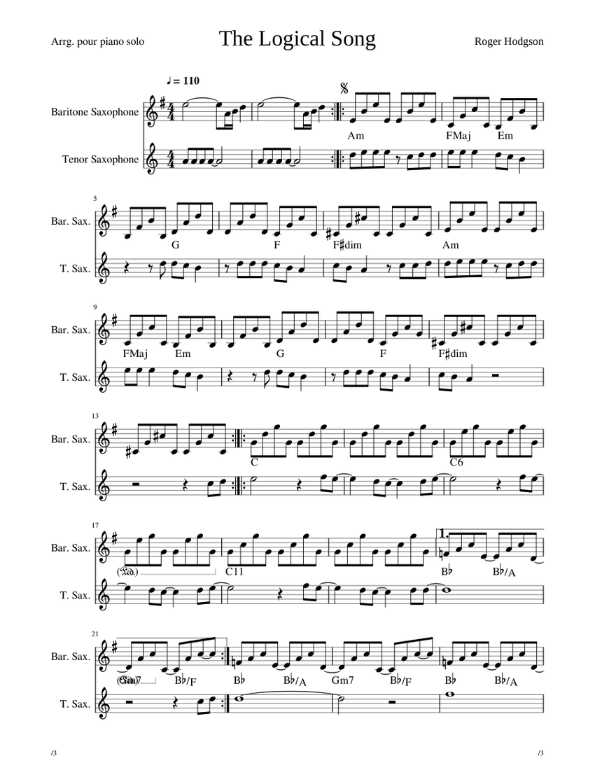 The Logical Song Sheet music for Baritone Saxophone, Tenor Saxophone ...