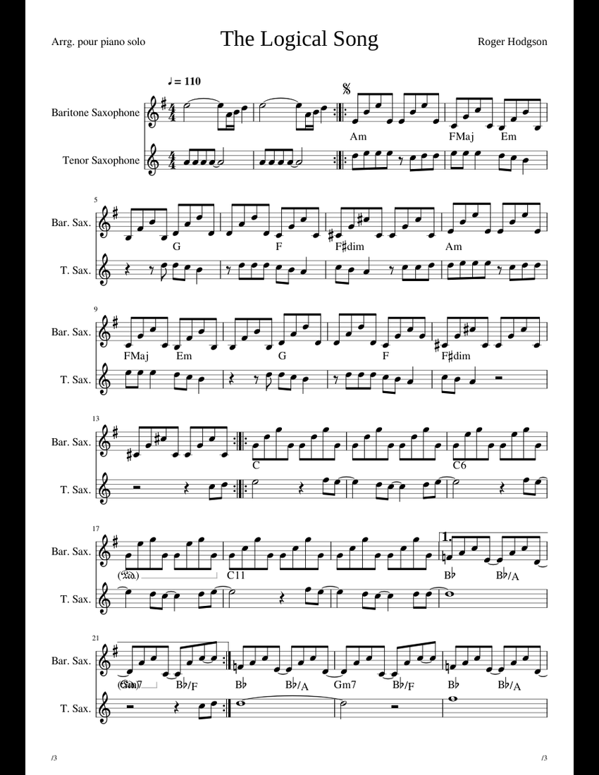 The Logical Song sheet music for Baritone Saxophone, Tenor Saxophone ...