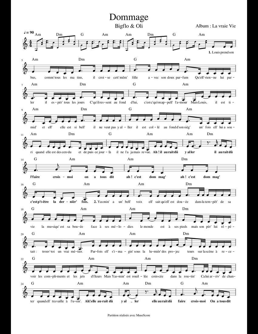 Dommage (BigFlo & Oli) avec accords sheet music for Voice download free ...