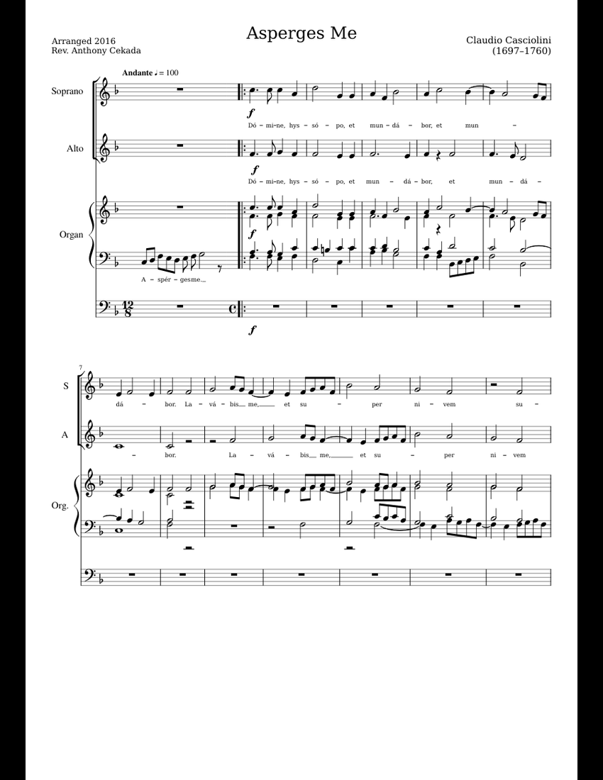 Asperges Me - Claudio Casciolini sheet music for Voice, Organ download ...