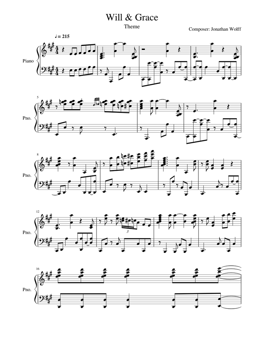 Will & Grace Theme Sheet music for Piano | Download free in PDF or MIDI | Musescore.com