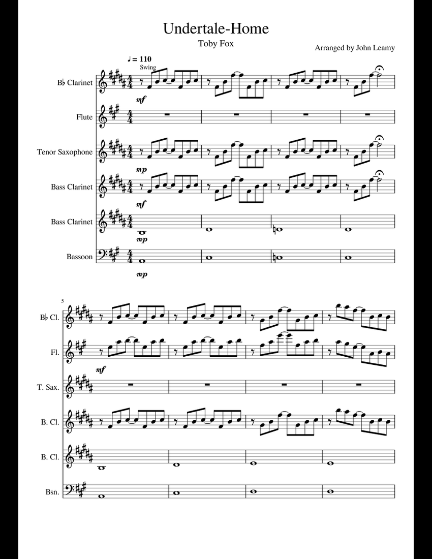 Undertale-Home sheet music for Clarinet, Flute, Tenor Saxophone ...