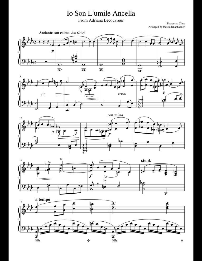 Io Son L'umile Ancella from Adriana Lecouvreur sheet music for Piano ...