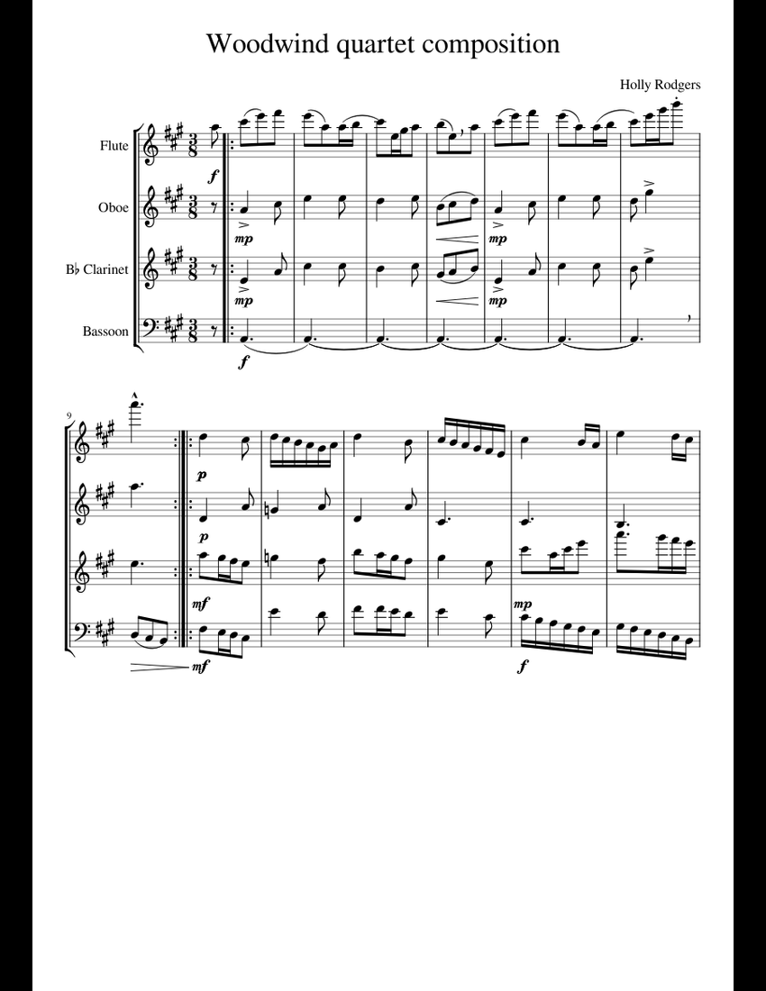 Completed woodwind quartet composition sheet music for Flute, Clarinet ...