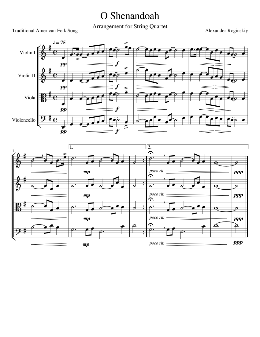 O Shenandoah Sheet music for Violin, Cello, Viola (String Quartet ...