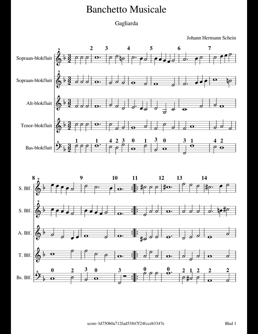 Schein Johann Hermann suite 19 Banchetto Musicale Gagliarda sheet music ...