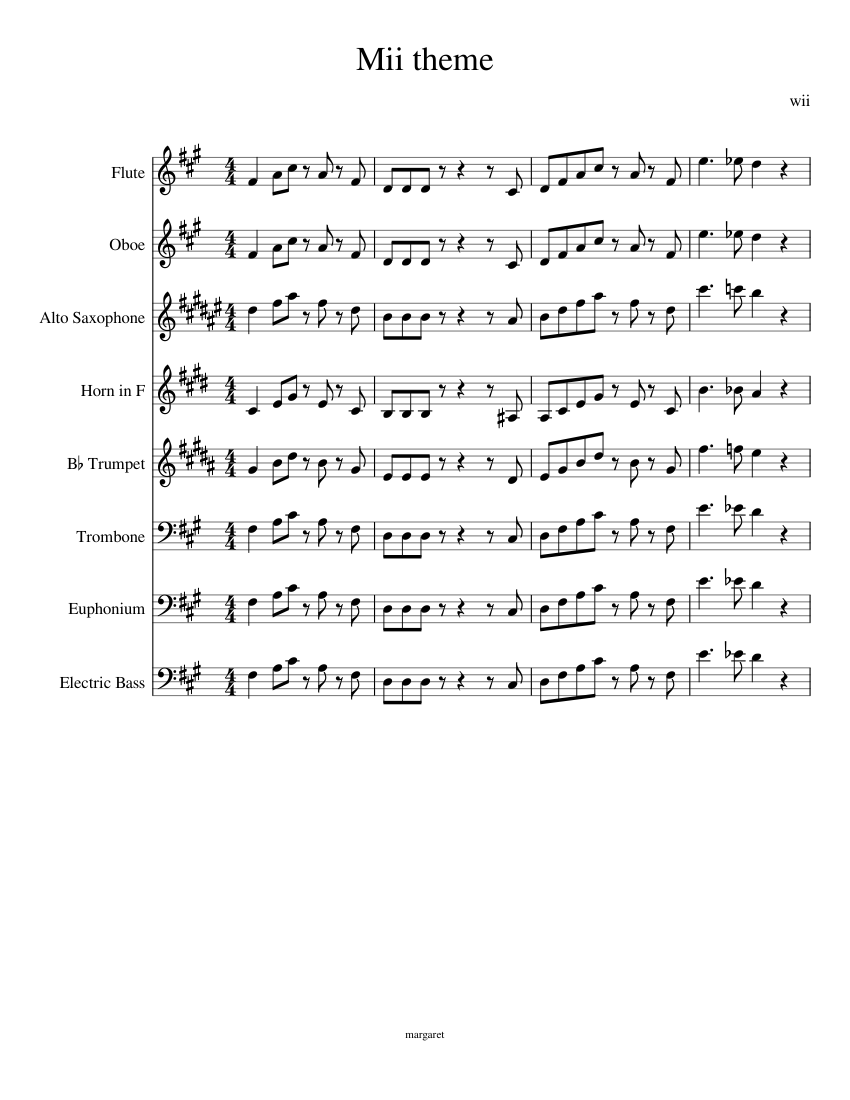 Mii theme sheet music for Flute, Oboe, Alto Saxophone, French Horn ...