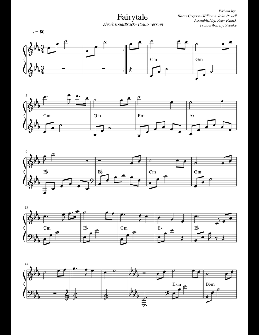 Fairytale-Shrek Theme song sheet music for Piano download free in PDF ...