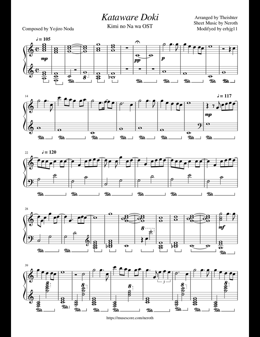 Kimi no Na wa - Kataware Doki sheet music for Piano download free in PDF or MIDI
