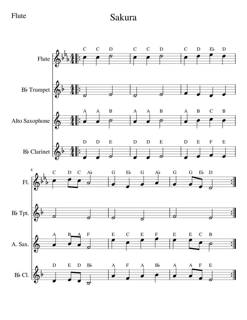 Sakura Arrangement Sheet music for Trumpet (In B Flat), Flute, Clarinet ...