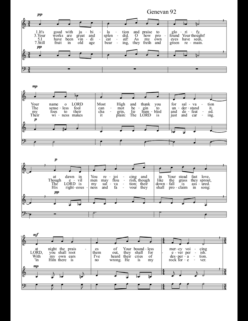 Genevan Psalm 92 sheet music download free in PDF or MIDI