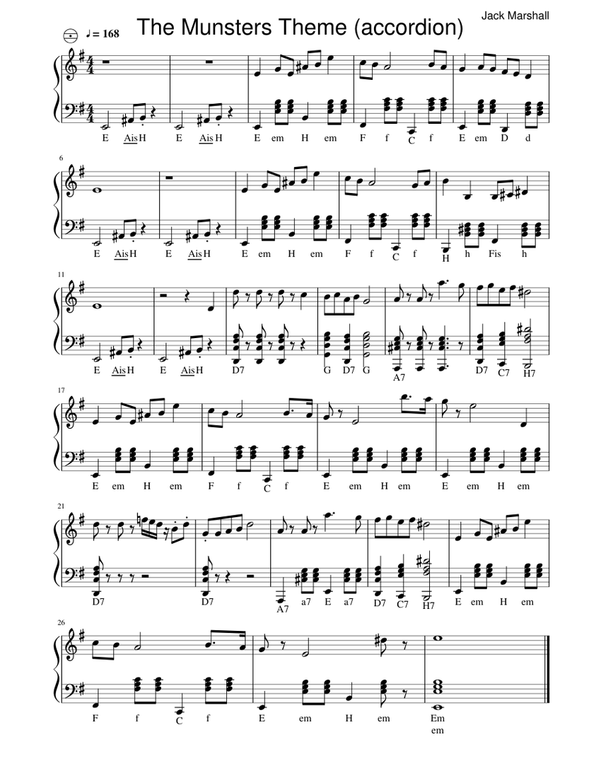 The Munsters Theme (for accordion) sheet music for Piano download free ...