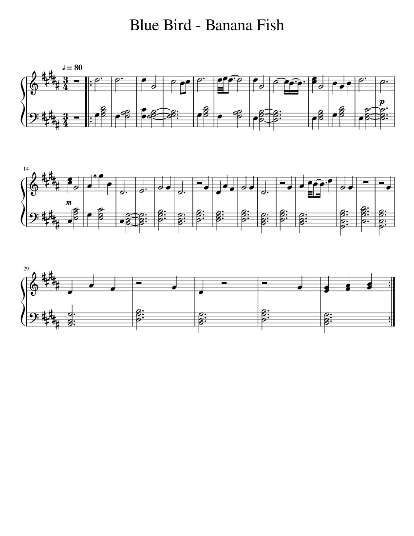Blue Bird - Banana Fish sheet music for Piano download free in PDF or MIDI