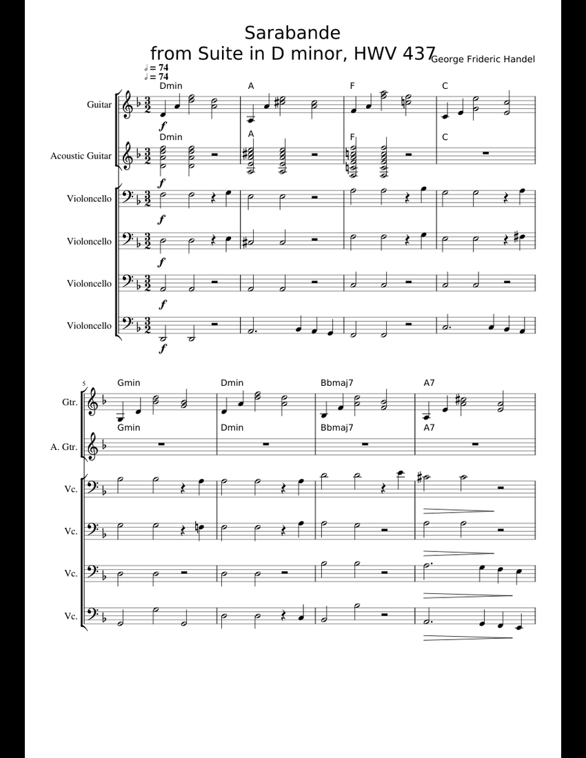Handel - sarabande sheet music for Piano, Guitar, Cello download free ...