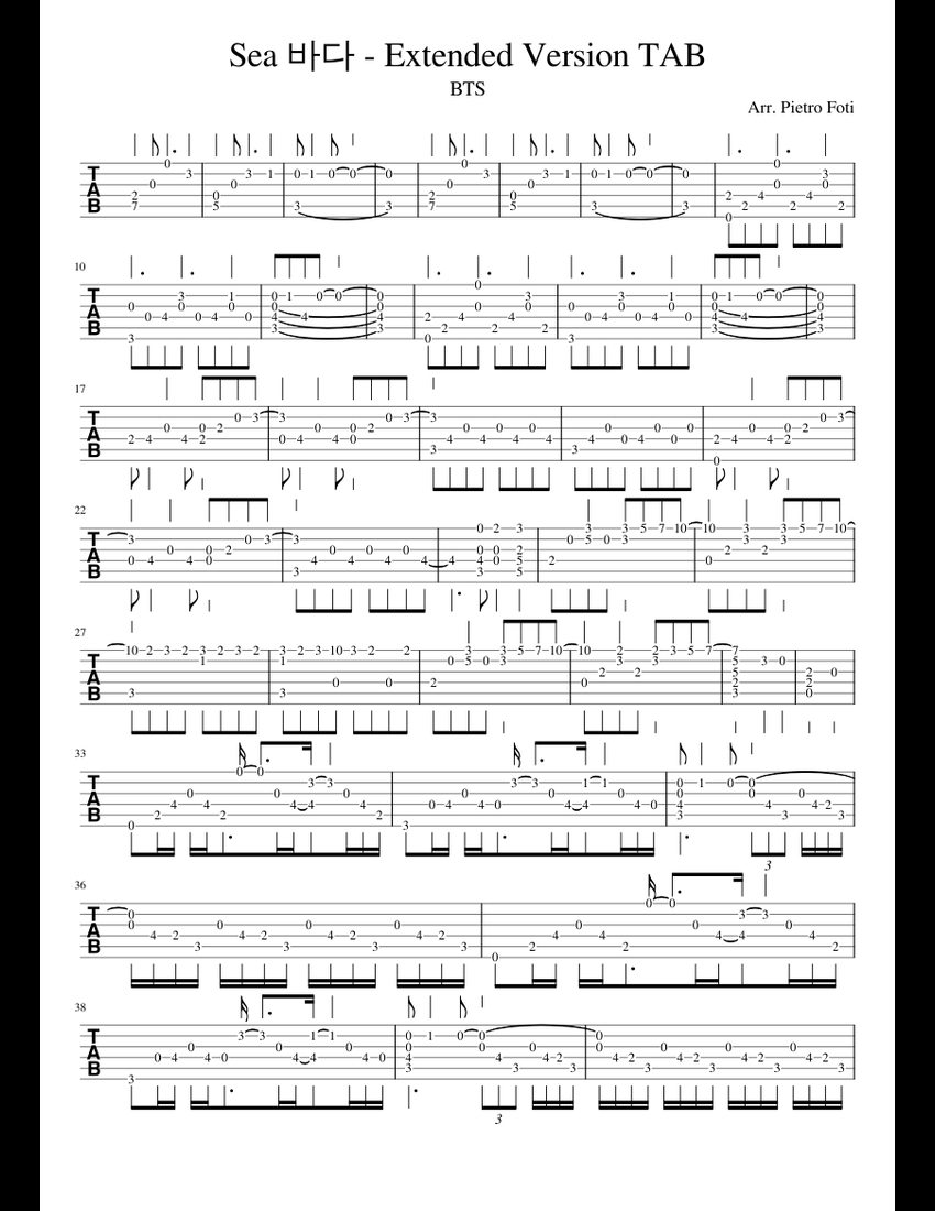 (TAB)Sea 바다 - BTS 방탄소년단 | Extended Version sheet music for Guitar ...