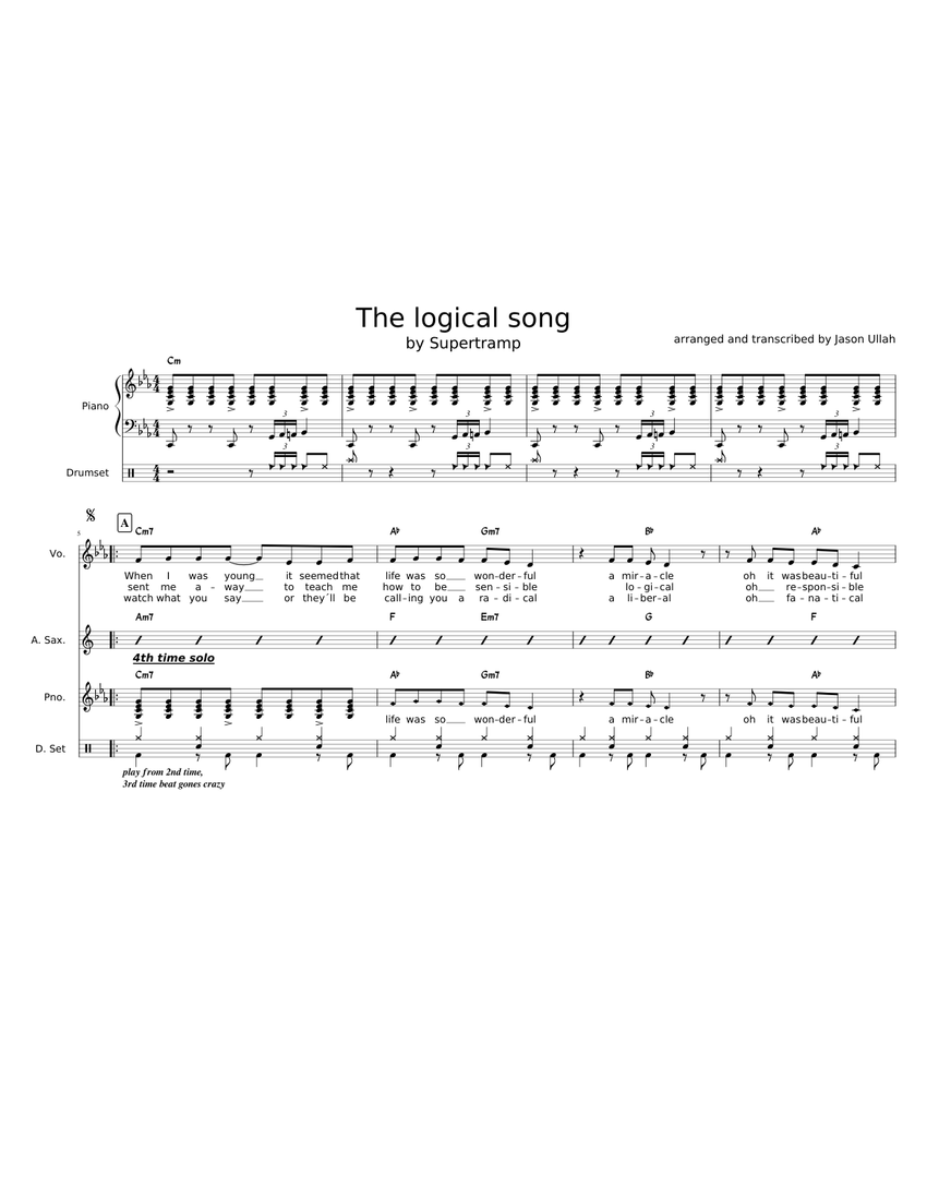 The logical song Sheet music for Piano, Percussion, Alto Saxophone ...