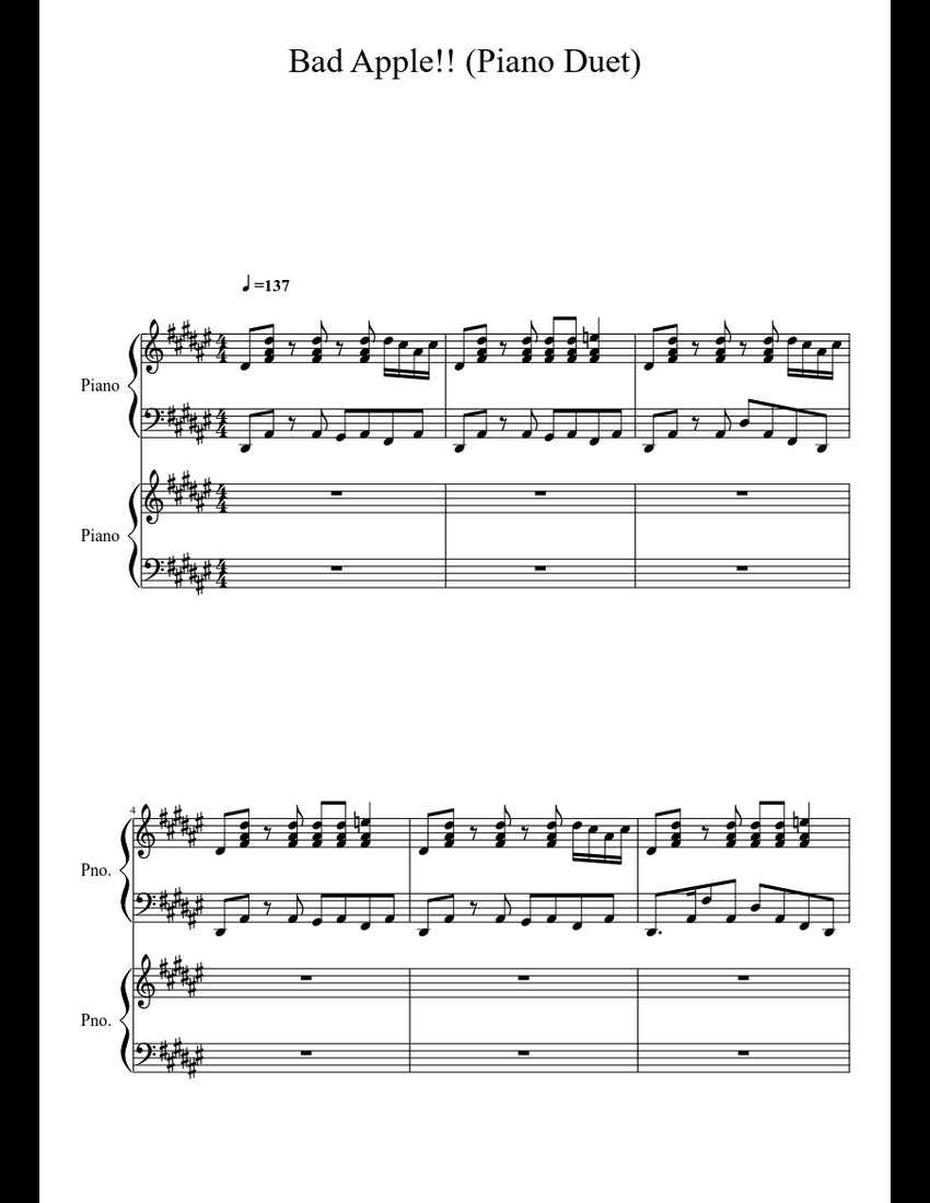 Bad Apple!! (Piano Duet) sheet music download free in PDF or MIDI