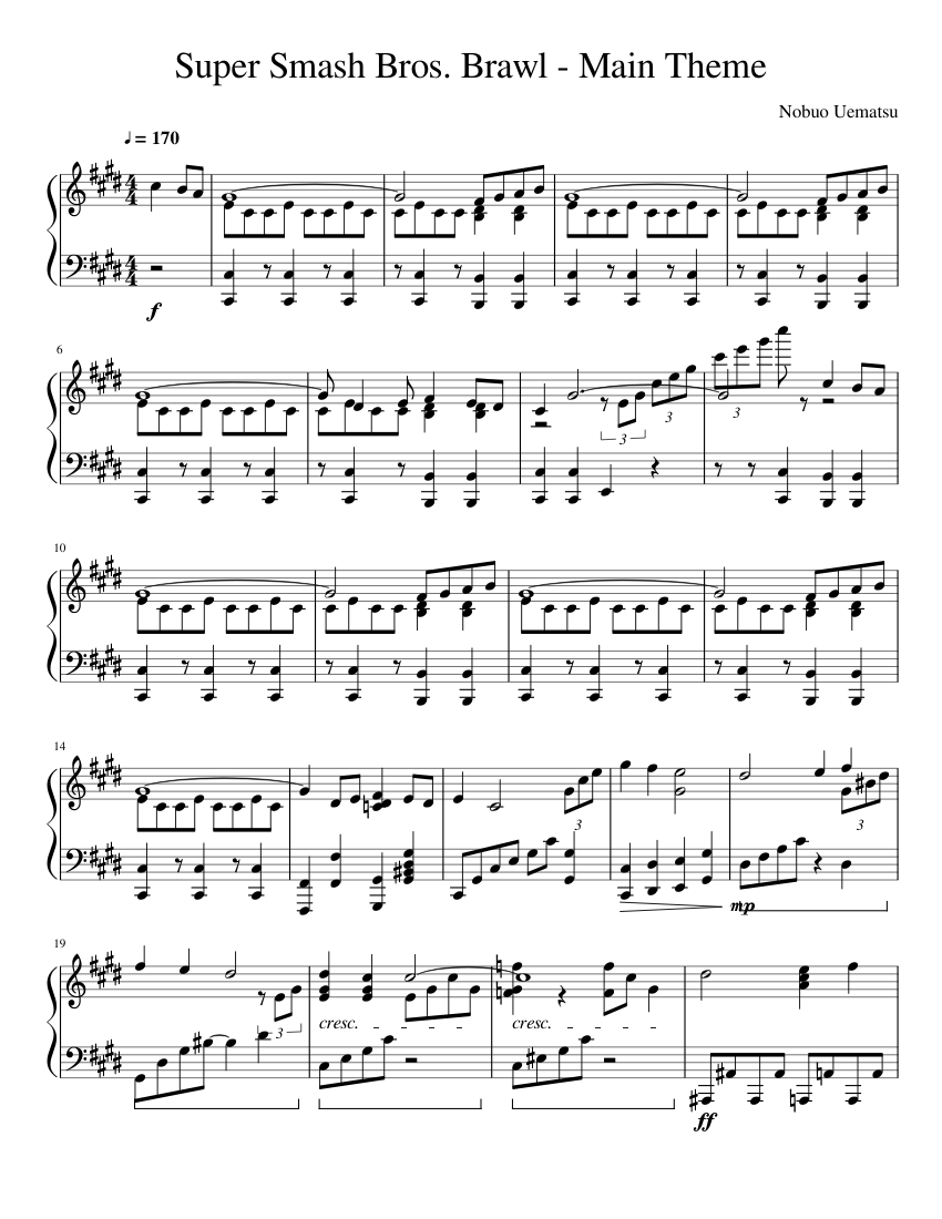 Super Smash Bros. Brawl - Main Theme sheet music for Piano download ...