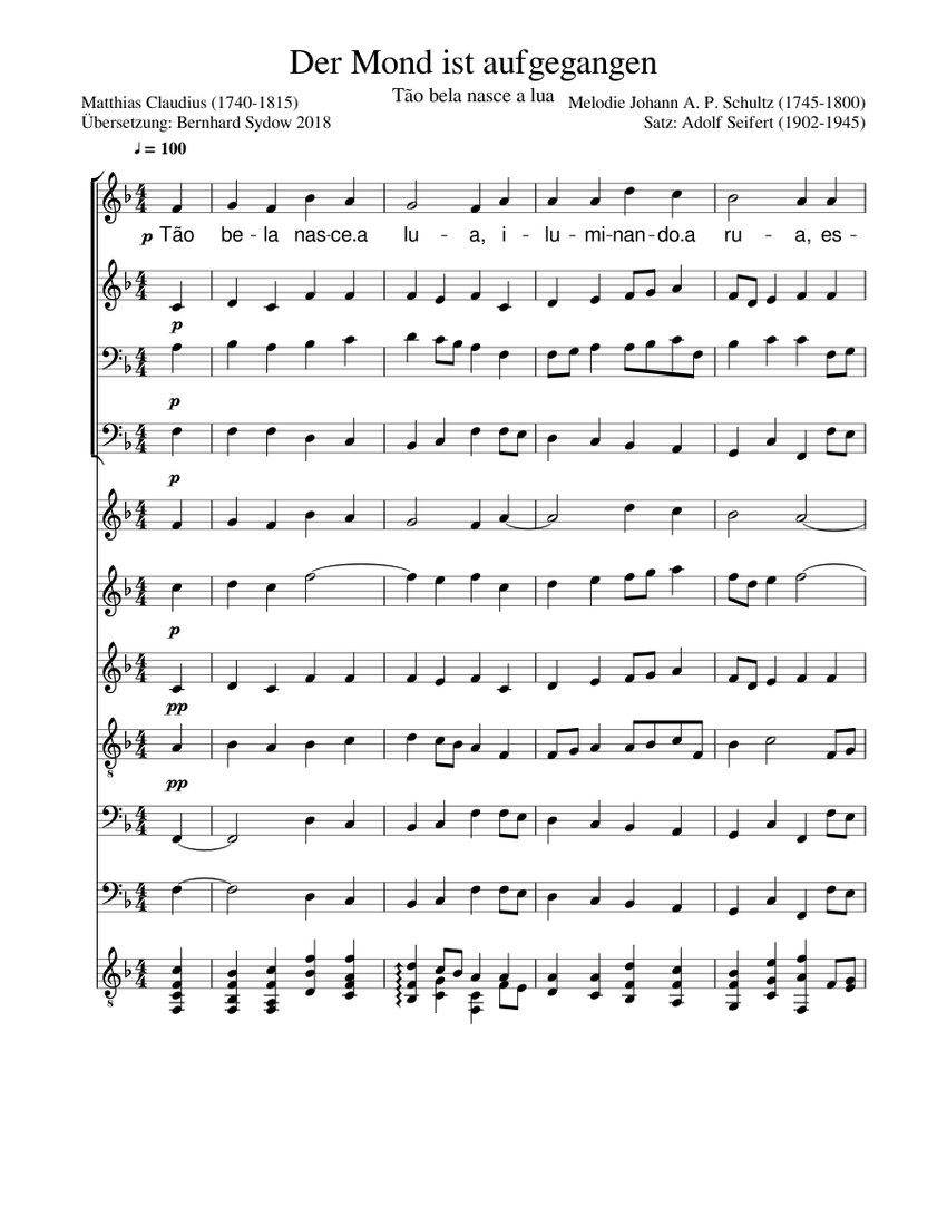 Der Mond ist aufgegangen portugues Sheet music for Flute, Cello ...