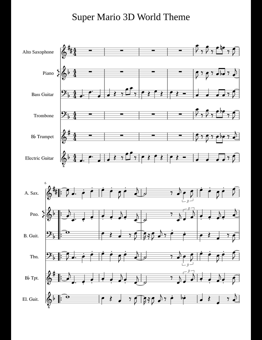 Super Mario 3D World sheet music for Piano, Alto Saxophone, Bass ...