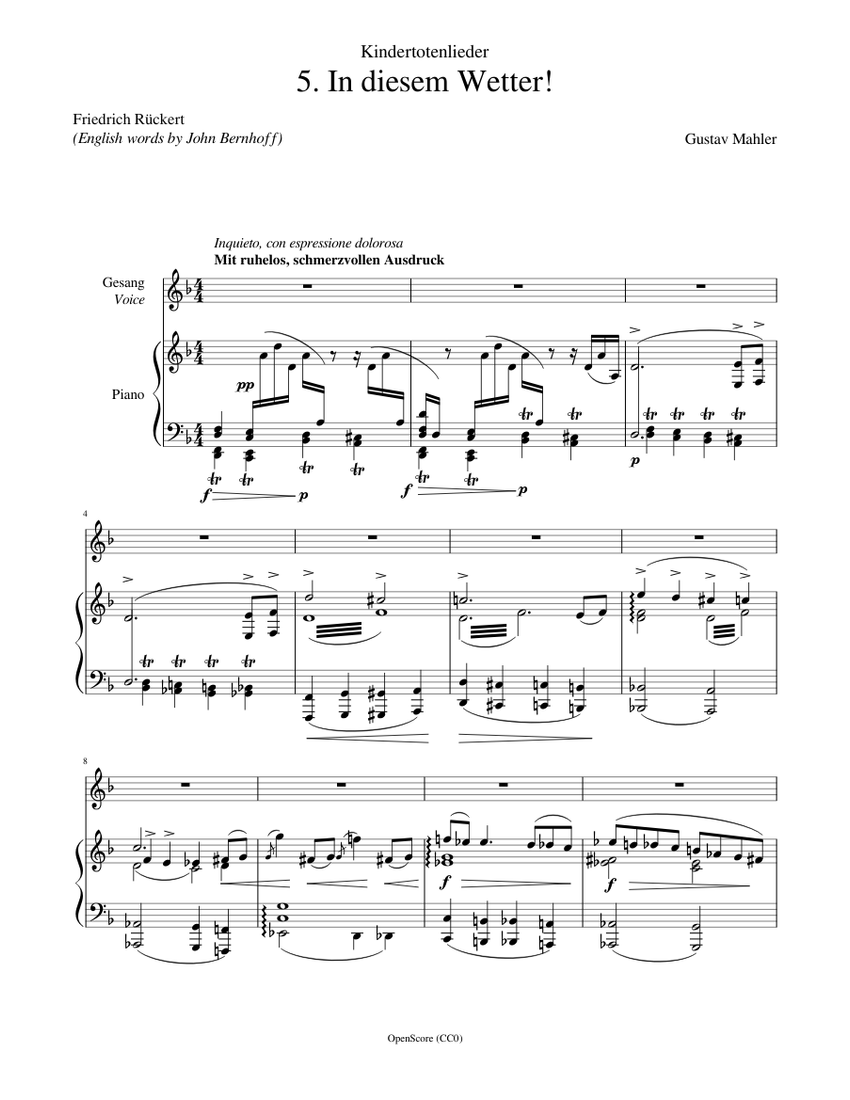 Mahler, Gustav - Kindertotenlieder, No.5 - In diesem Wetter Sheet music for Piano, Oboe ...